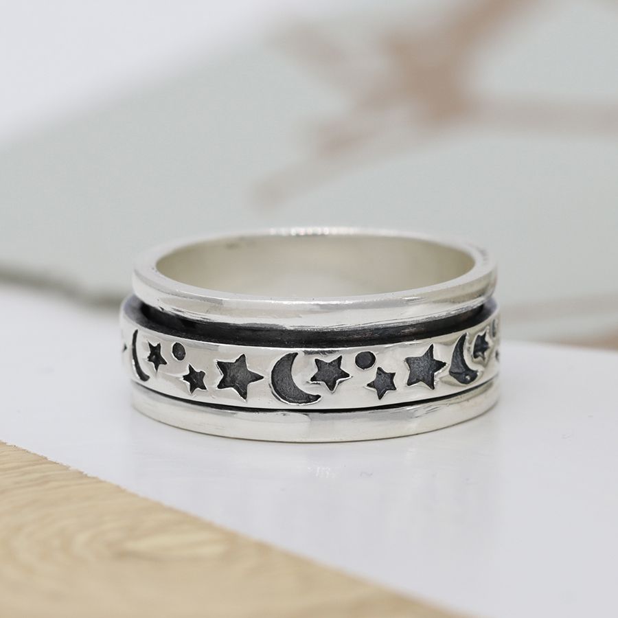 John Medhurst Sterling Silver Multi Moon And Stars Spinning Ring